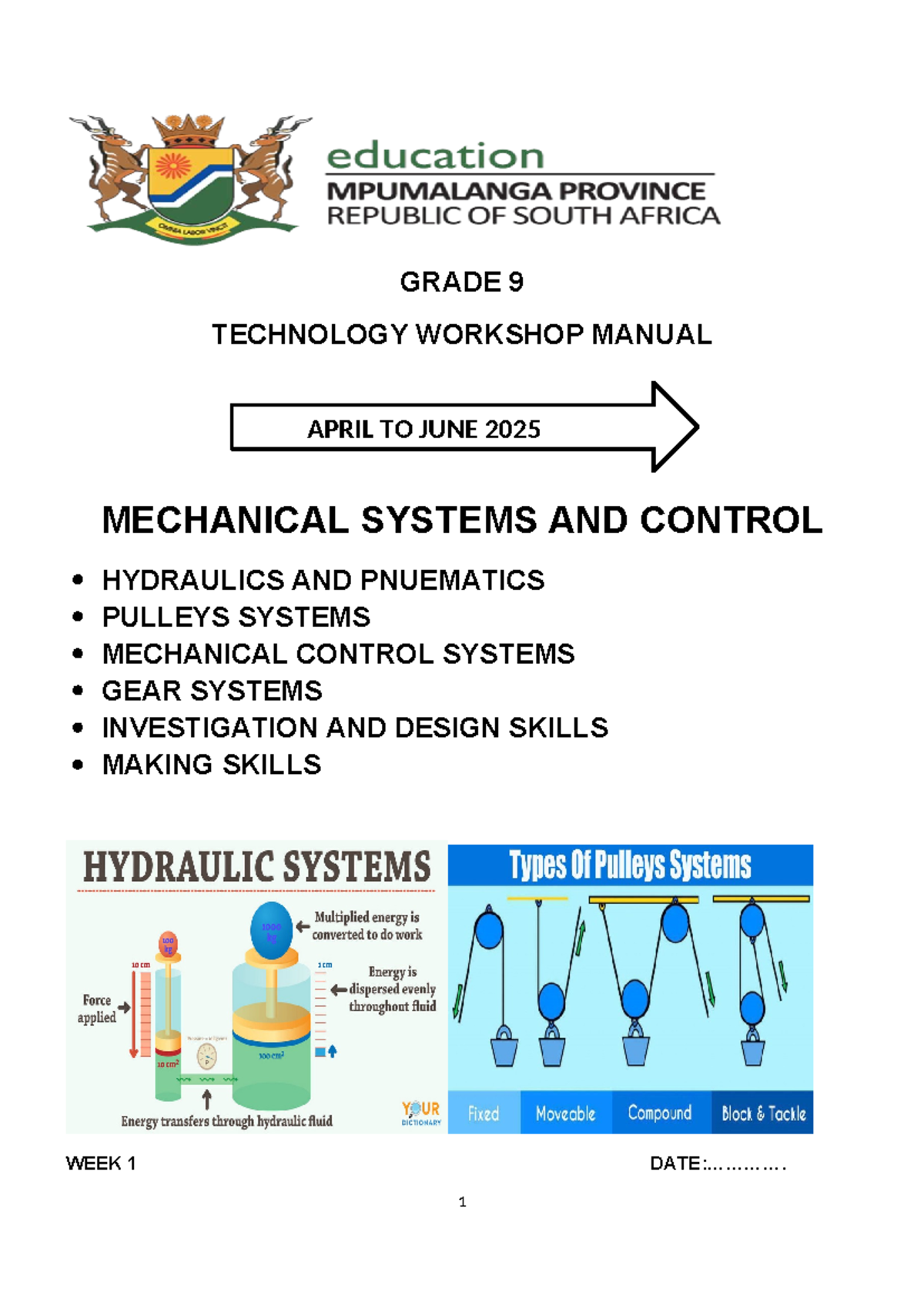 Grade 9 Technology Workshop Manual: Mechanical Systems & Control (2025 ...