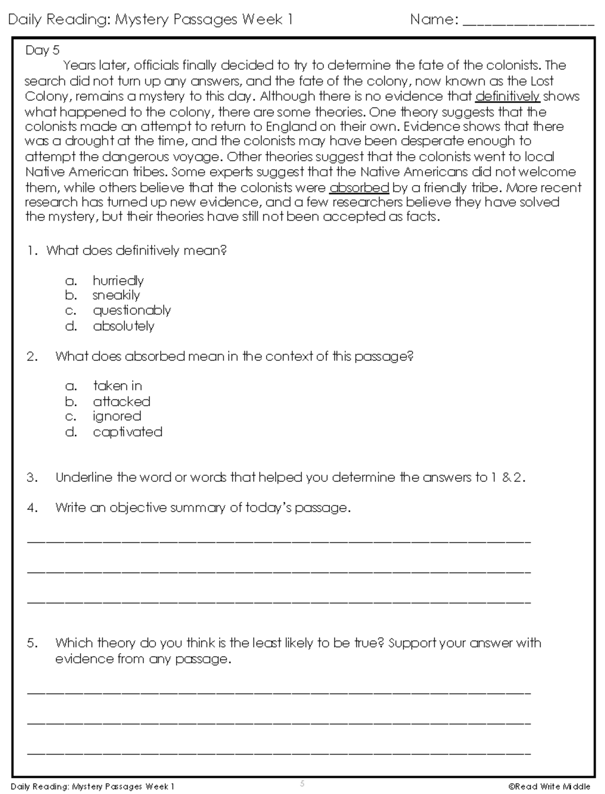 Daily Reading: Mystery Passages Week 1 - Context Clue Activity 1 - Studocu