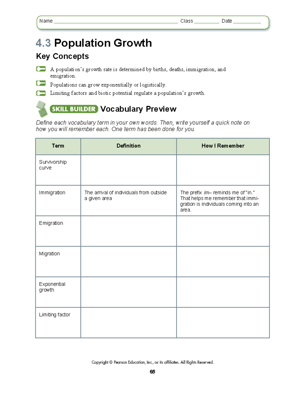 Lesson 4.3: Worksheets on Population Growth Concepts and Factors - Studocu