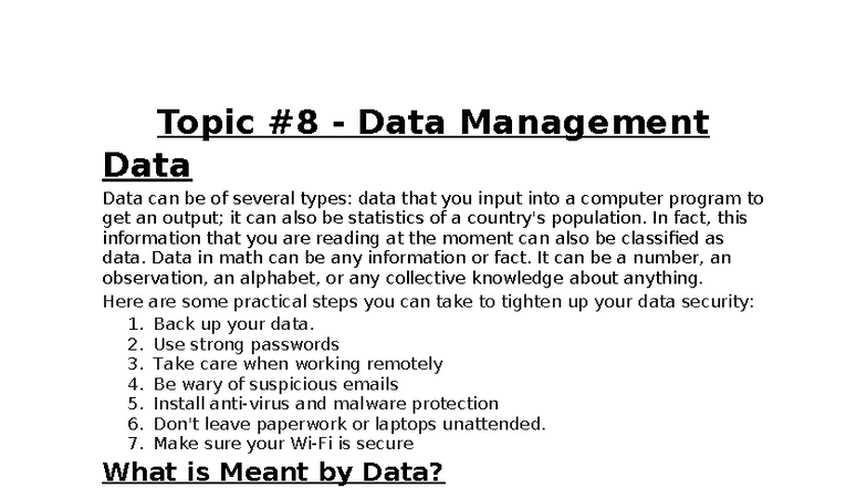 MMW Topic-8: Understanding Data Management and Representation - Studocu