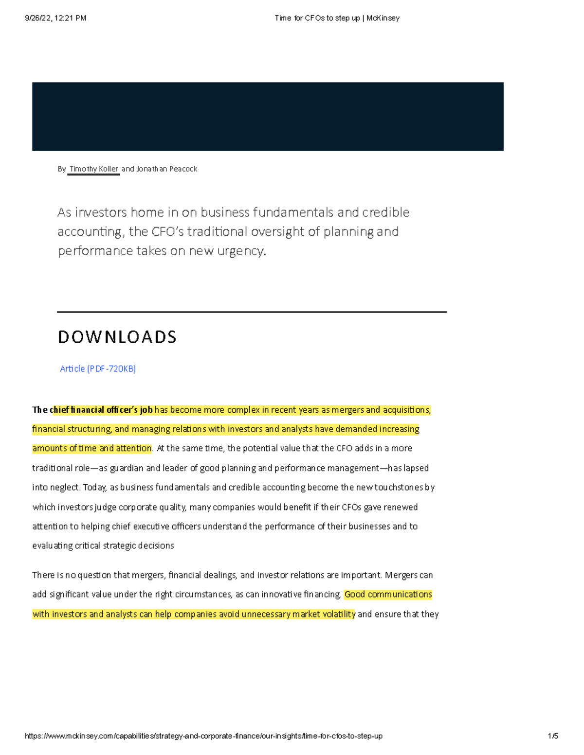 R1: Time for CFOs to Step Up: Insights from McKinsey - Studocu