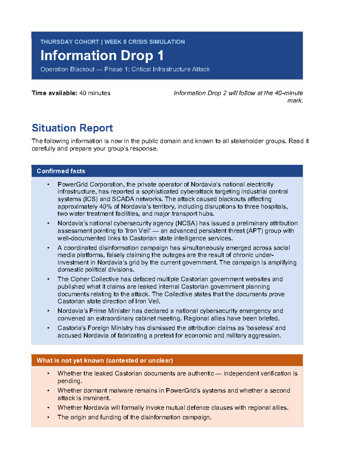 THURSDAY COHORT WEEK 8 CRISIS SIMULATION: Info Drop 1 - Op Blackout ...