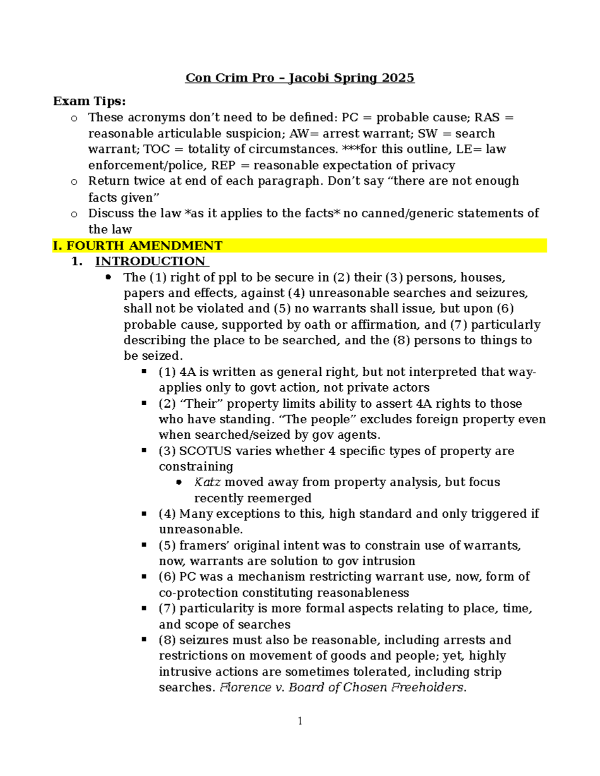 Con Crim Pro Outline Spring 2025: Key Fourth Amendment Concepts - Studocu