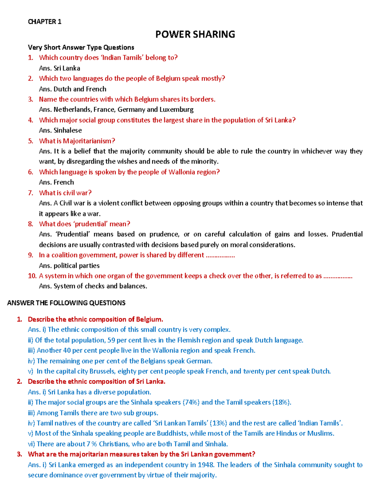 CHAPTER 1: Power Sharing - Very Short Answer Questions & Notes - Studocu