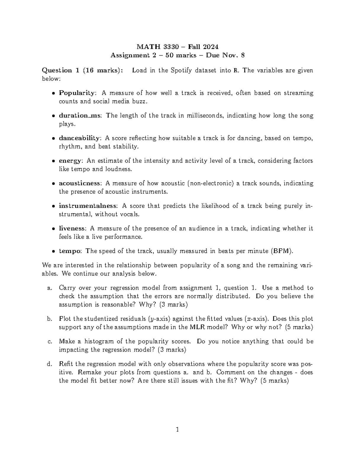MATH 3330 - Assignment 2 Analysis of Spotify Dataset for Fall 2024 ...