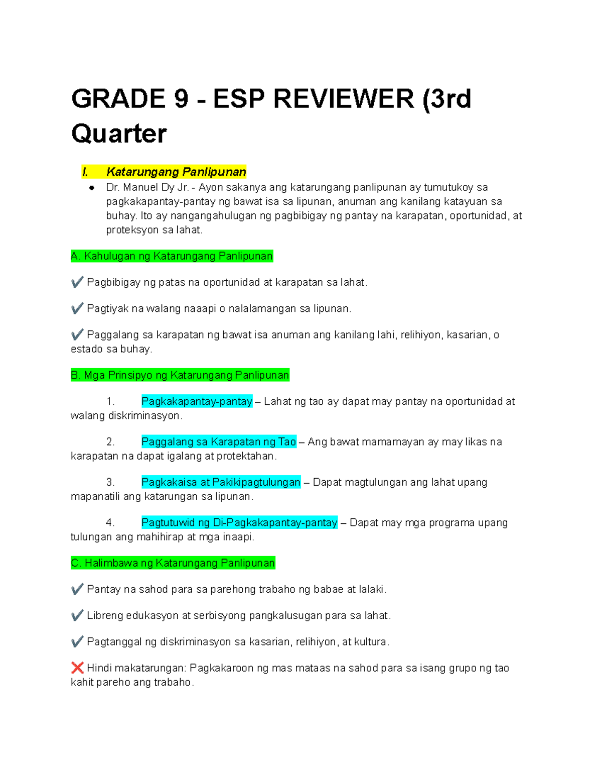 GRADE 9 ESP 3rd Quarter Reviewer: Katarungang Panlipunan at Pamamahala ...