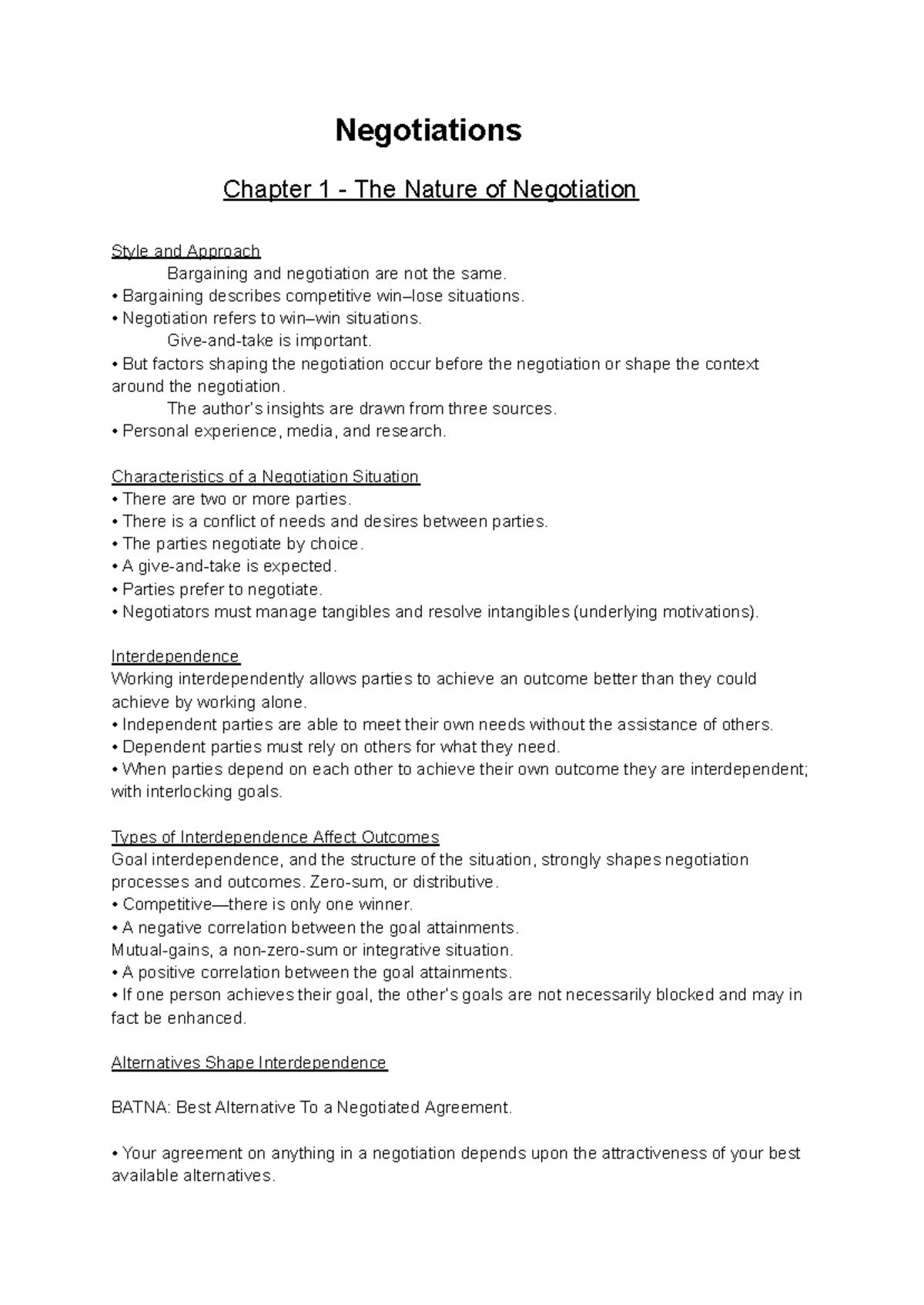 Negotiations (Course Code) - Lecture Notes on Chapters 1-3: Styles ...