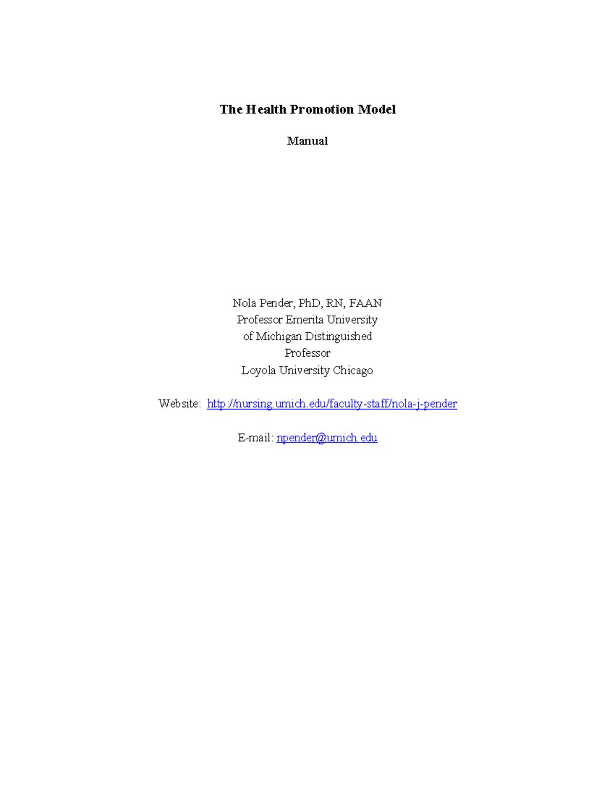 Pender's Health Promotion Model Overview and Clinical Assessments - Studocu