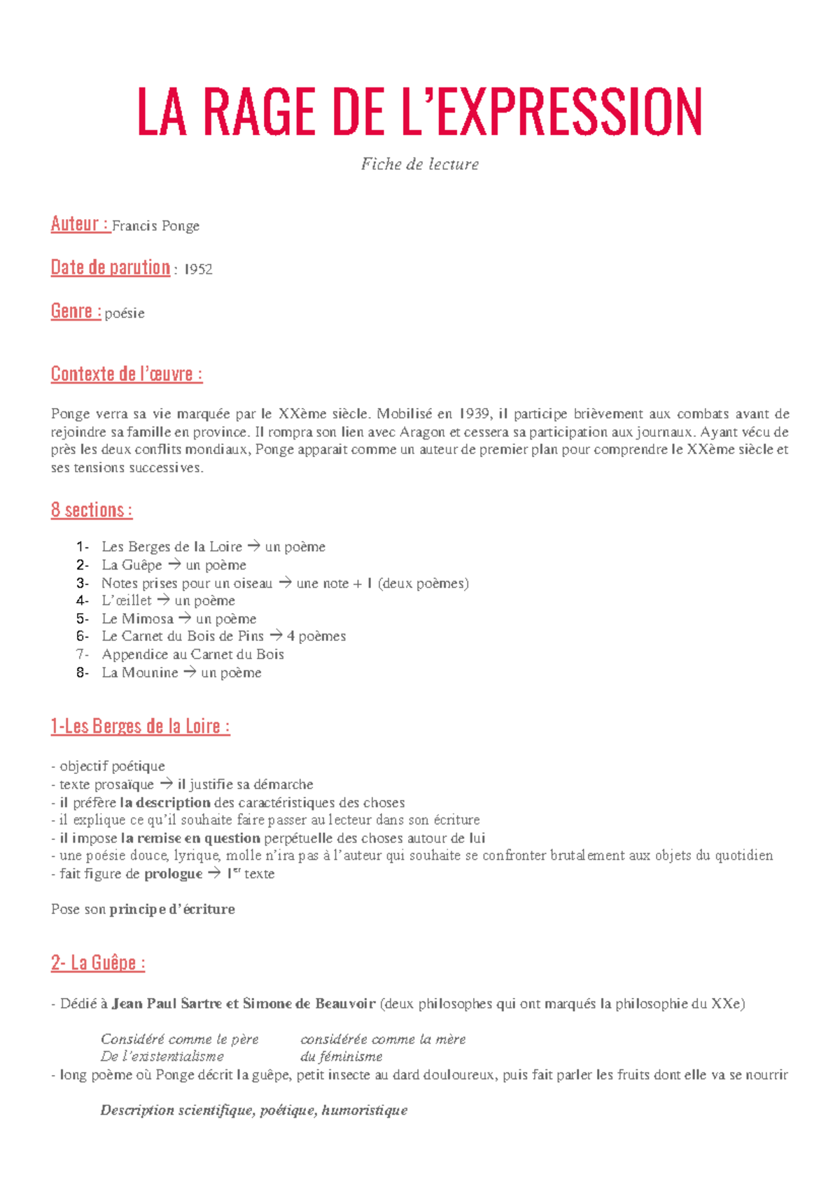 Fiche de lecture : La rage de l'expression de Francis Ponge (1952 ...