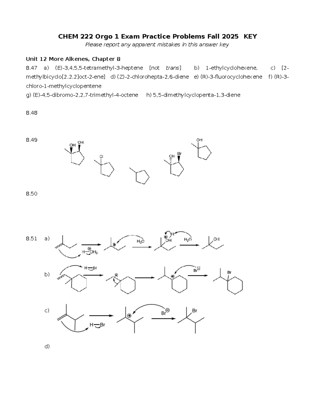 CHEM 222 Orgo 1 Exam Practice Problems Fall 2025 KEY - Studocu