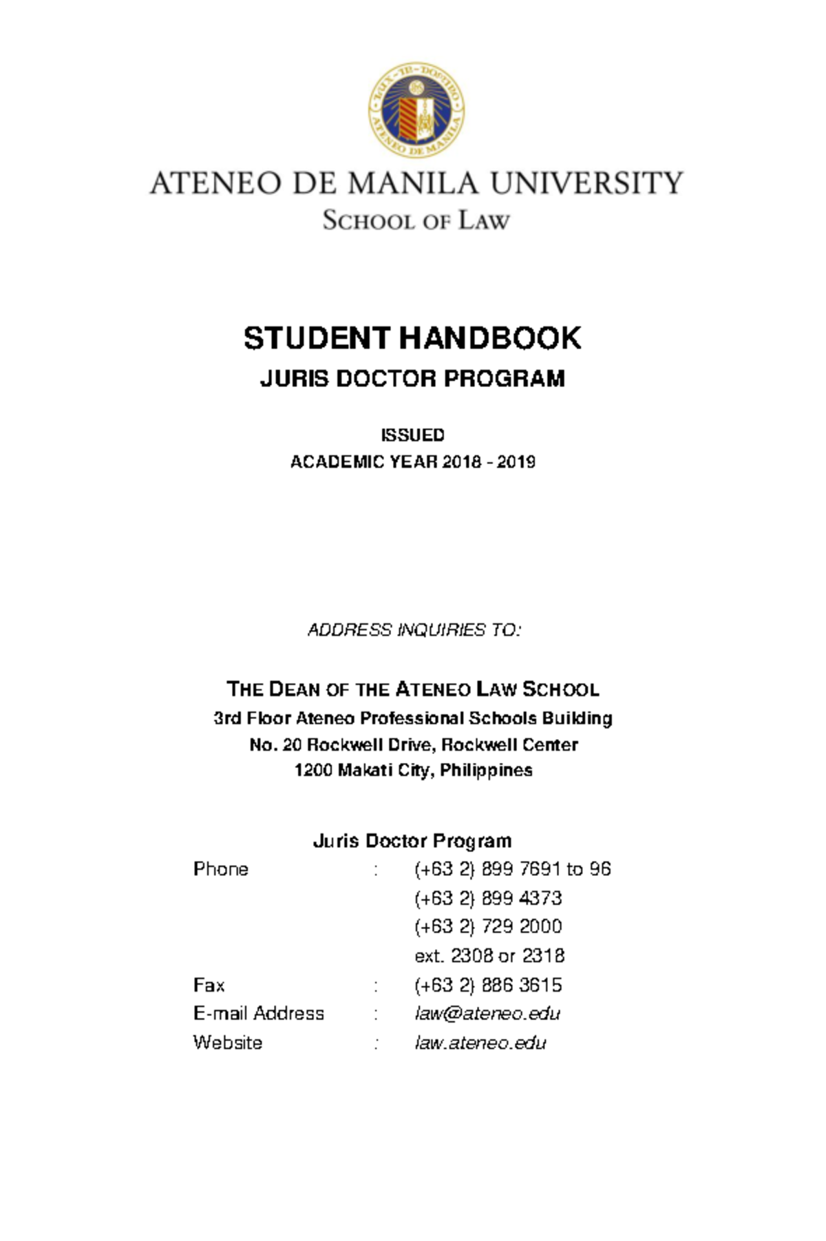 2018-2019 Ateneo Law School Student Handbook (J.D. Program) - Studocu