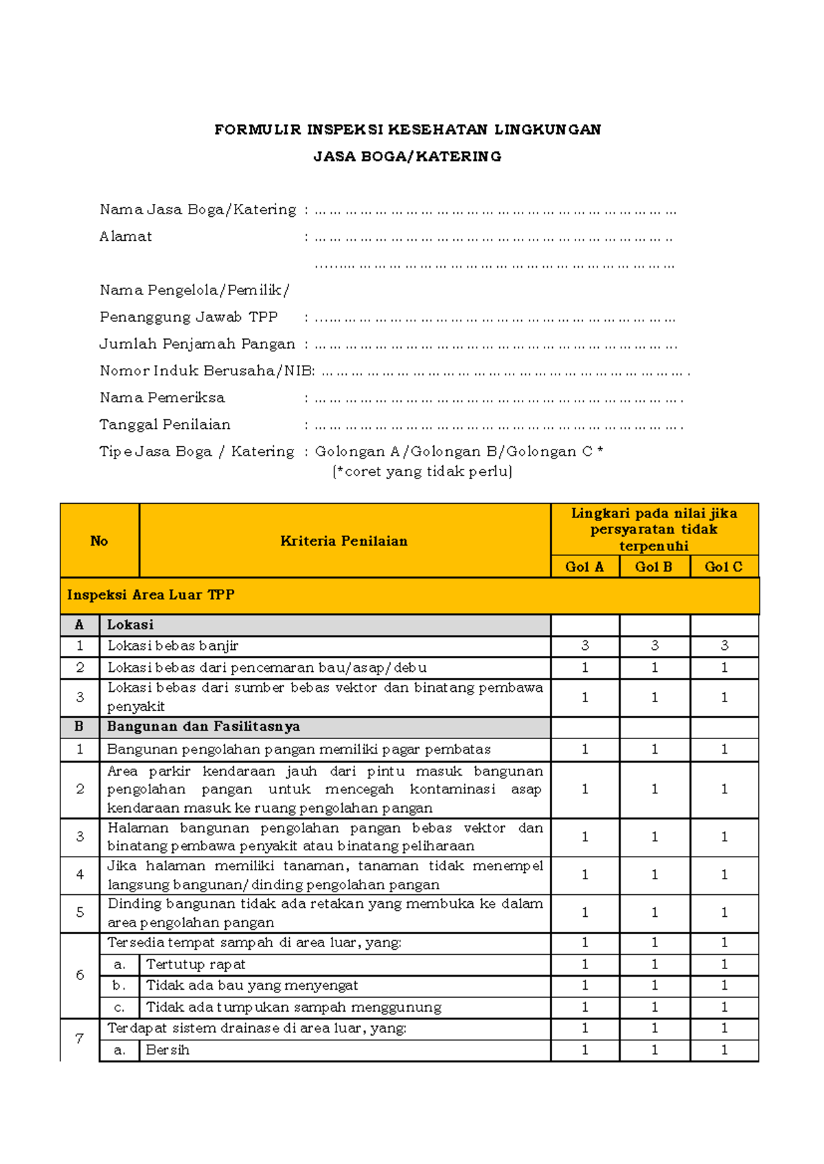FORMULIR INSPEKSI KESEHATAN LINGKUNGAN JASA BOGA - IKL - Studocu