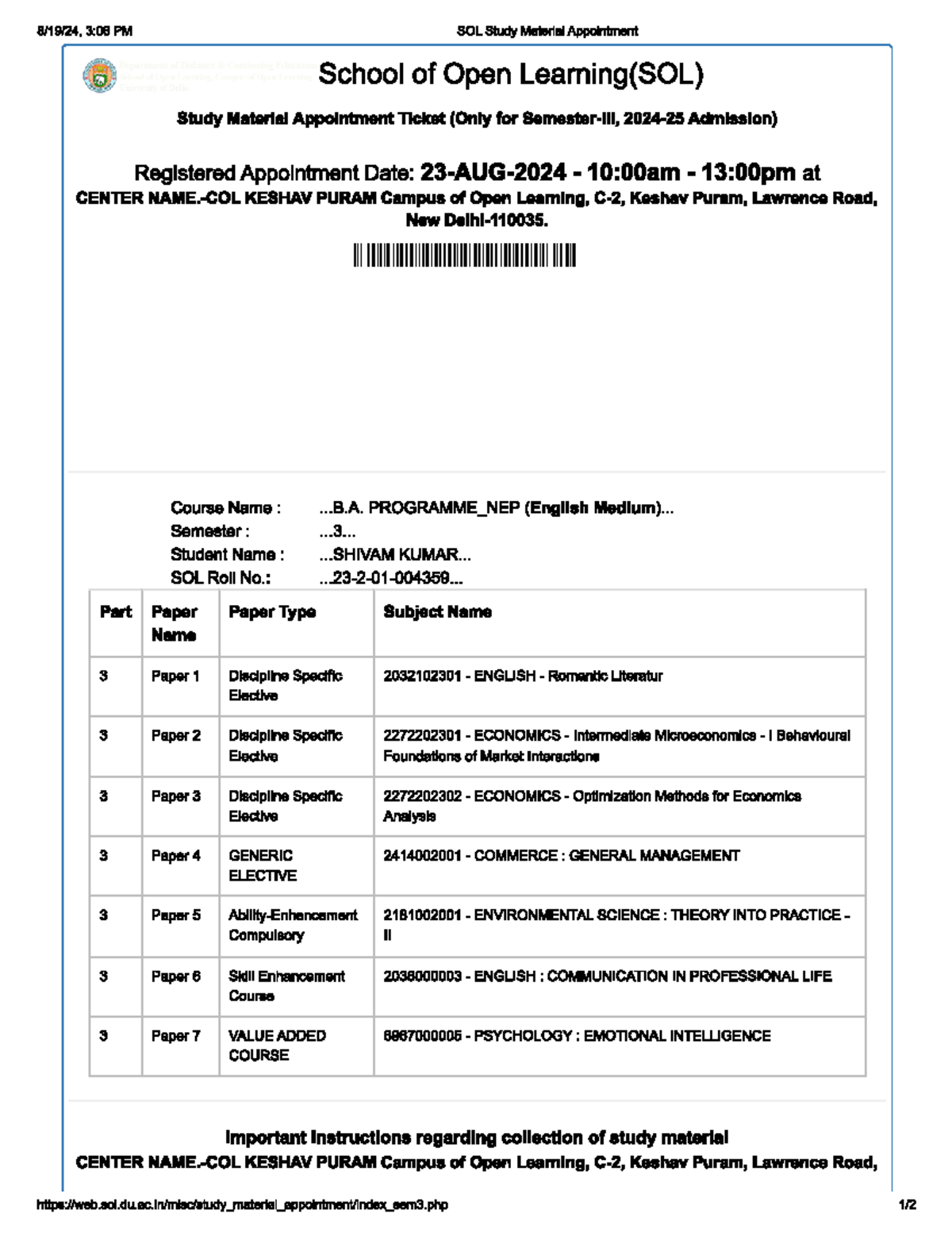 SOL Study Material Appointment - B. PROGRAMME_NEP Semester 3 - Studocu