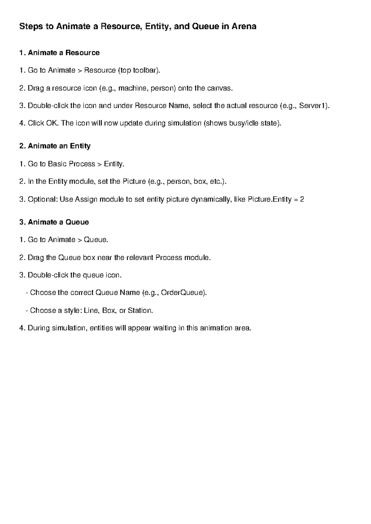Arena Animation Steps - Notes for Resource, Entity & Queue - Studocu