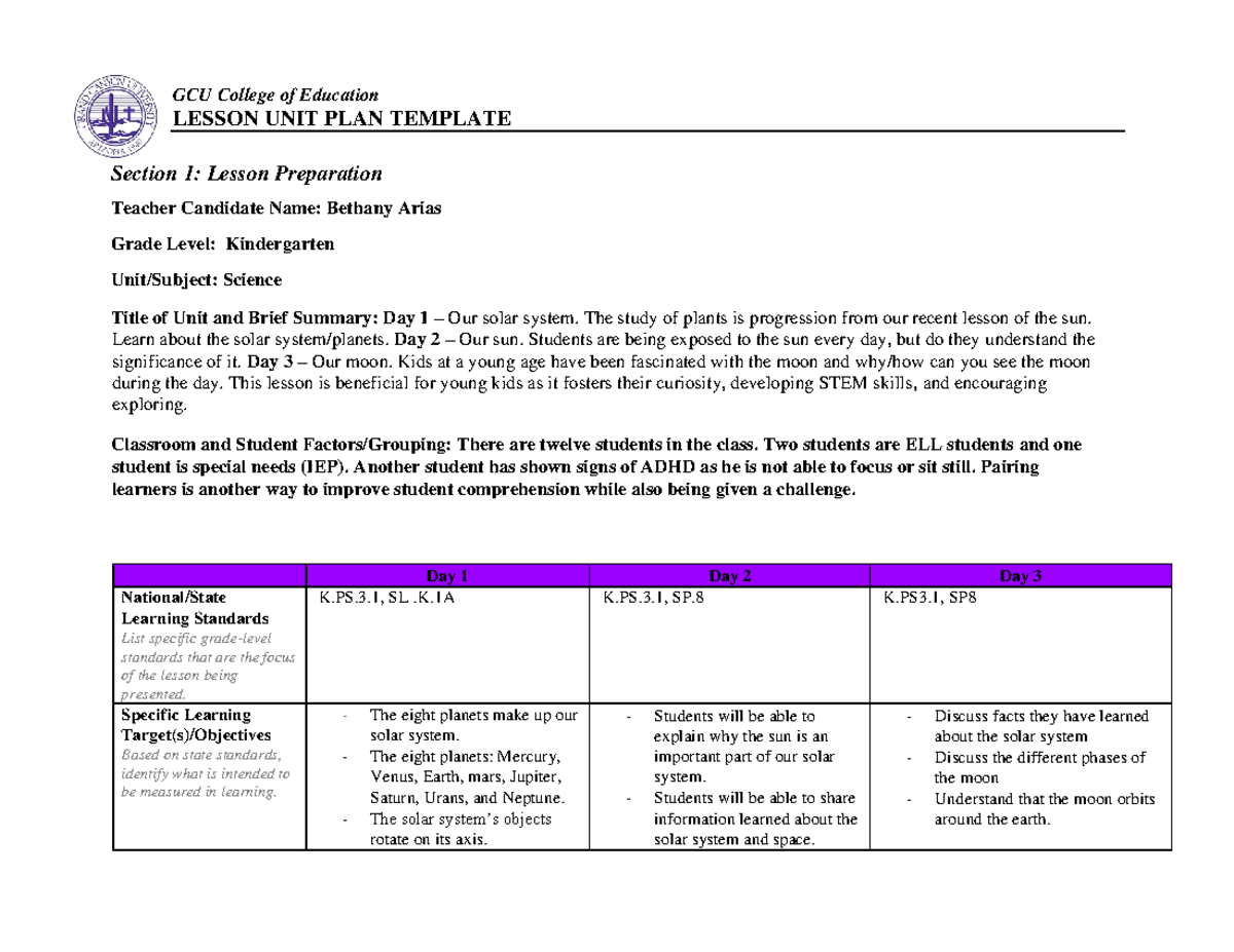 3-day unit plan template - Section 1: Lesson Preparation Teacher ...