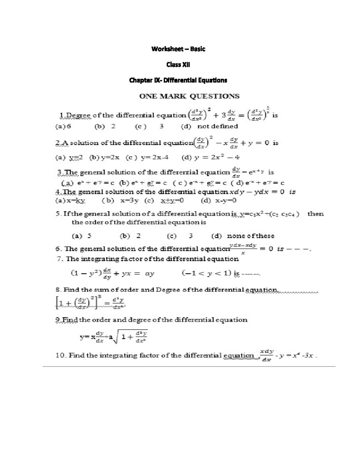Worksheet Class XII Differential Equations One Mark Questions - Studocu