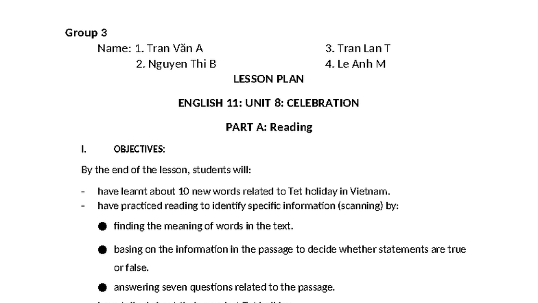 Sample traditional lesson plan - Group 3 Name: 1. Tran Văn A 3. Tran ...