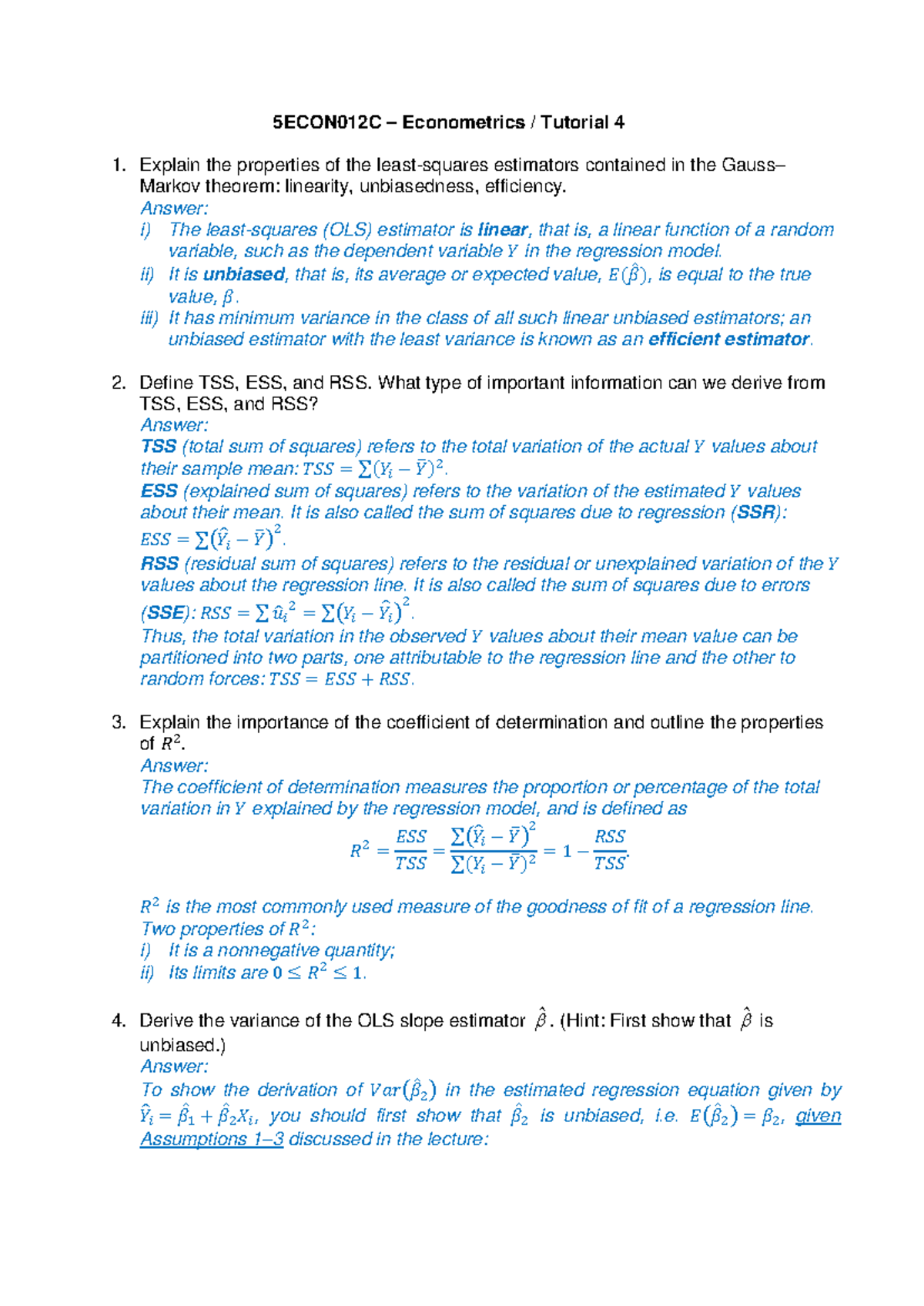 5ECON012C - Econometrics Tutorial 4 Answers and Explanations - Studocu