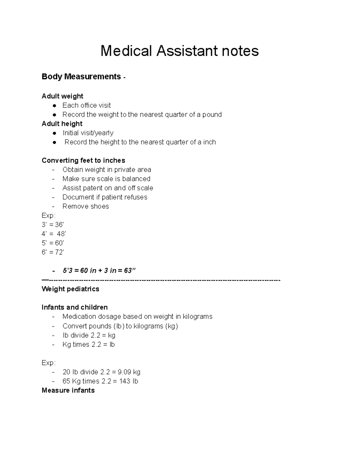 Medical Assistant Notes: Body Measurements & Vital Signs (MA 101) - Studocu