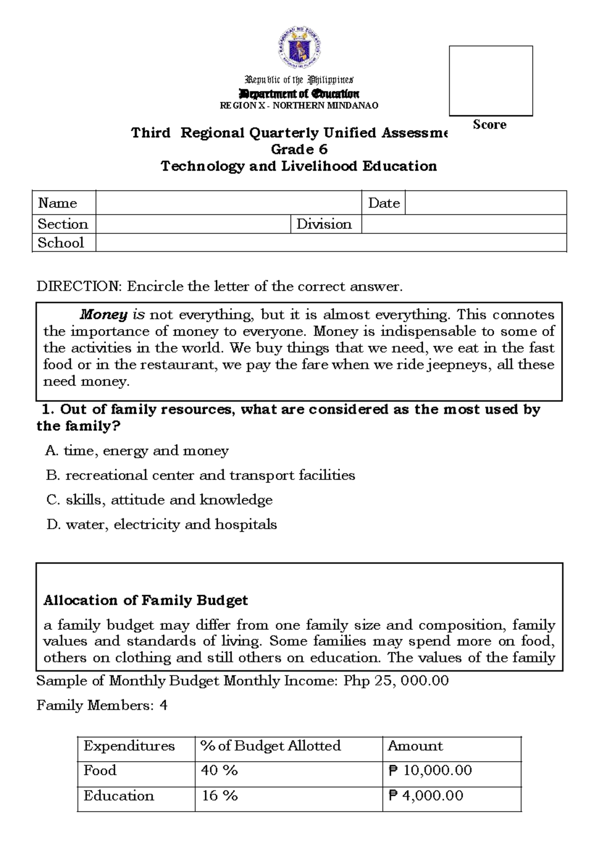 TLE Grade 6 Q3 Final Assessment: Family Budget & Food Preservation ...