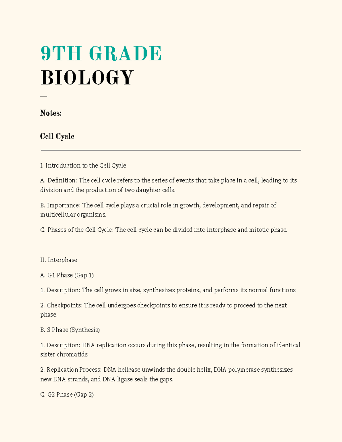 9TH GRADE BIOLOGY: Comprehensive Notes on the Cell Cycle - Studocu