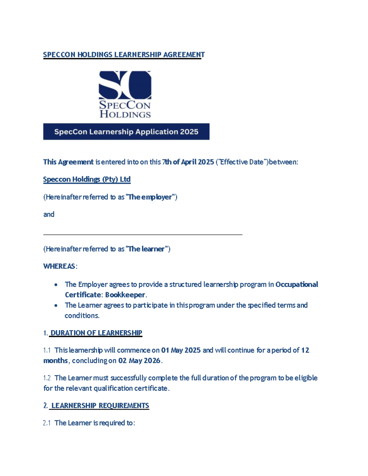 SPECCON HOLDINGS LEARNERSHIP AGREEMENT: OCCUPATIONAL CERTIFICATE ...