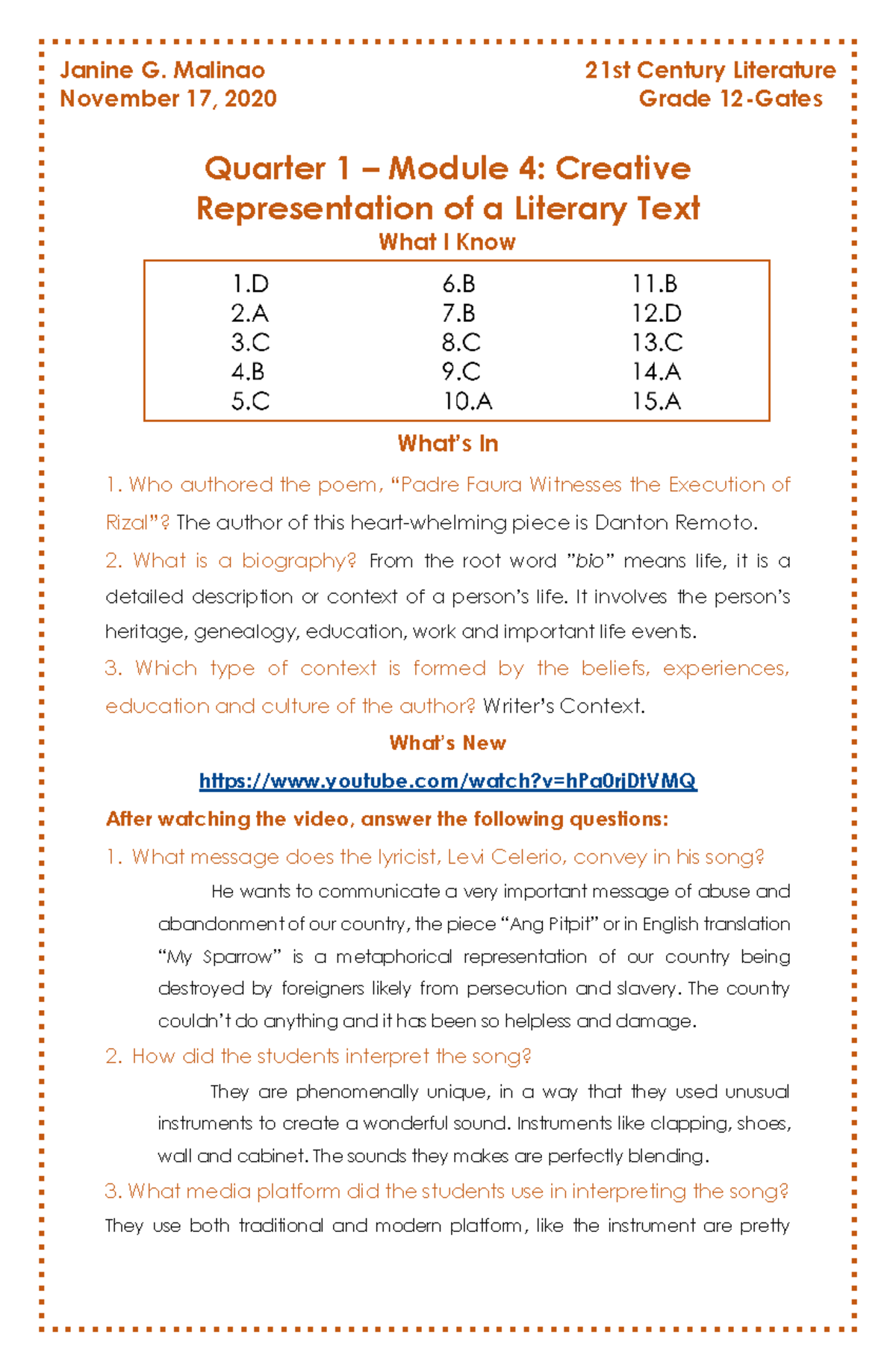 21st Century Module 4 - Quarter 1 – Module 4: Creative Representation ...
