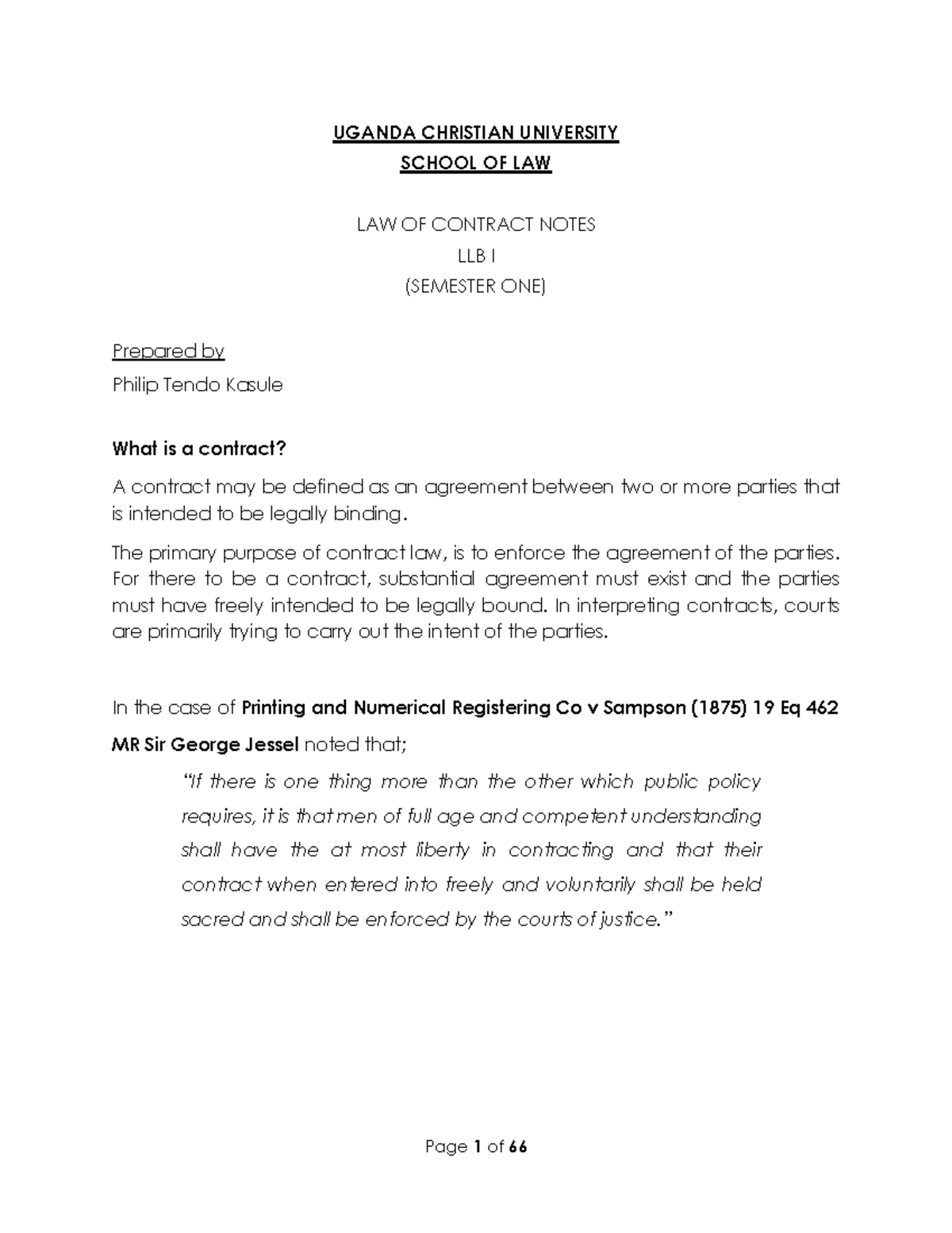 UGANDA CHRISTIAN UNIVERSITY SCHOOL OF LAW LLB I (SEM 1) CONTRACT LAW ...