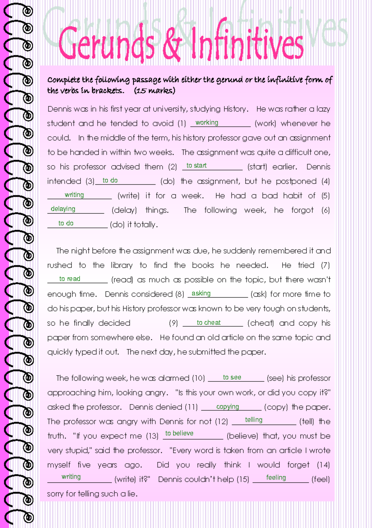 Gerunds and Infinitives Practice Exercise (ENG101) - Studocu