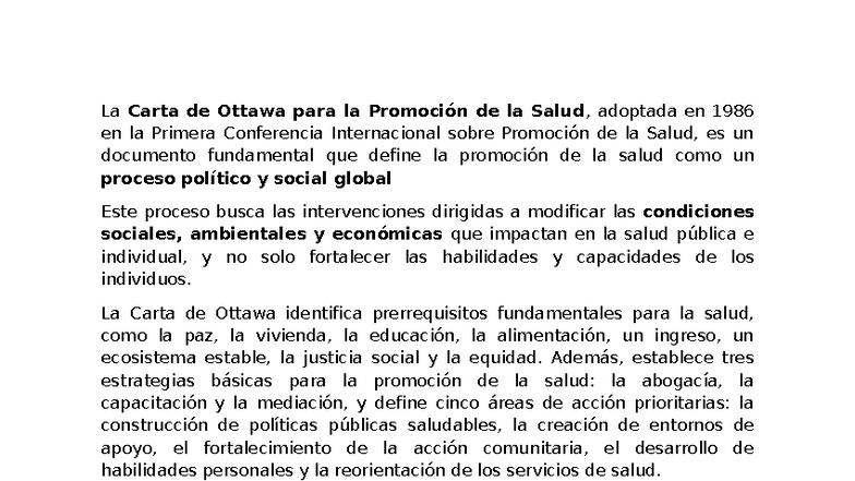 La Carta de Ottawa: Promoción de la Salud y sus Estrategias - Studocu