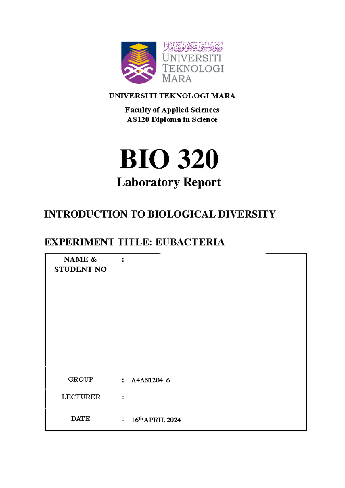 Experiment 1: Eubacterial Diversity & Gram Staining in BIO320 Lab - Studocu