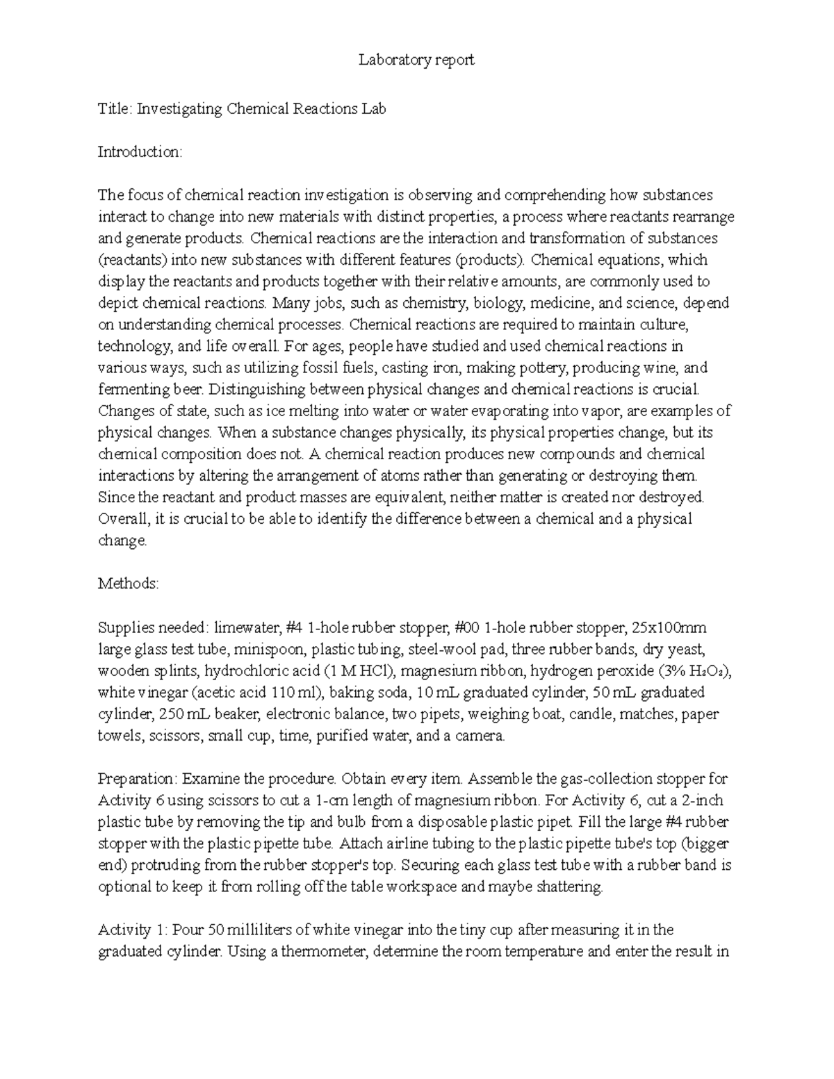 Laboratory Report: Investigating Chemical Reactions (CHEM 101) - Studocu