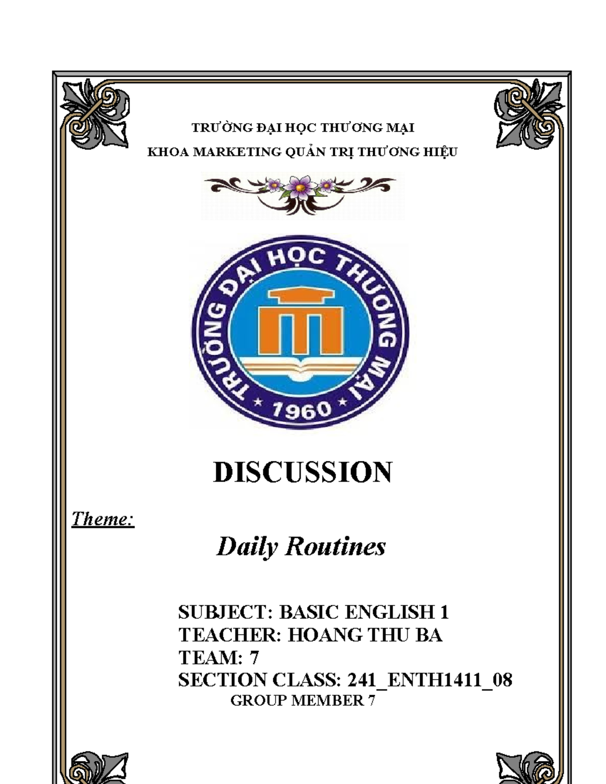 Group 7 Daily Routine - presentation - TRƯỜNG ĐẠI HỌC THƯƠNG MẠI KHOA ...