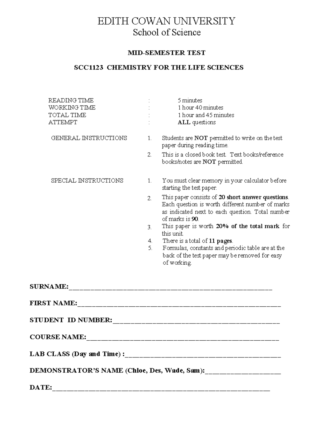 SCC1123 Mid-Sem Test Paper: Chemistry for Life Sciences - Studocu