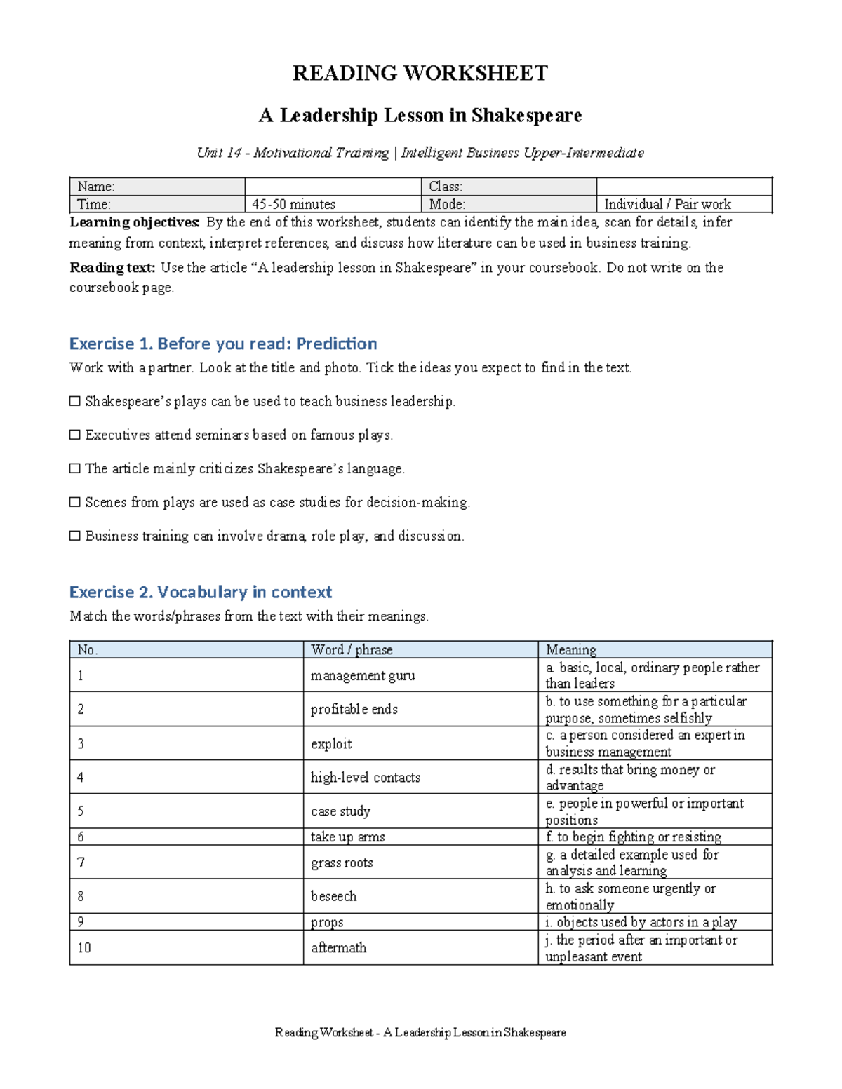 Unit 14 Reading Worksheet: Leadership Lessons from Shakespeare - Studocu
