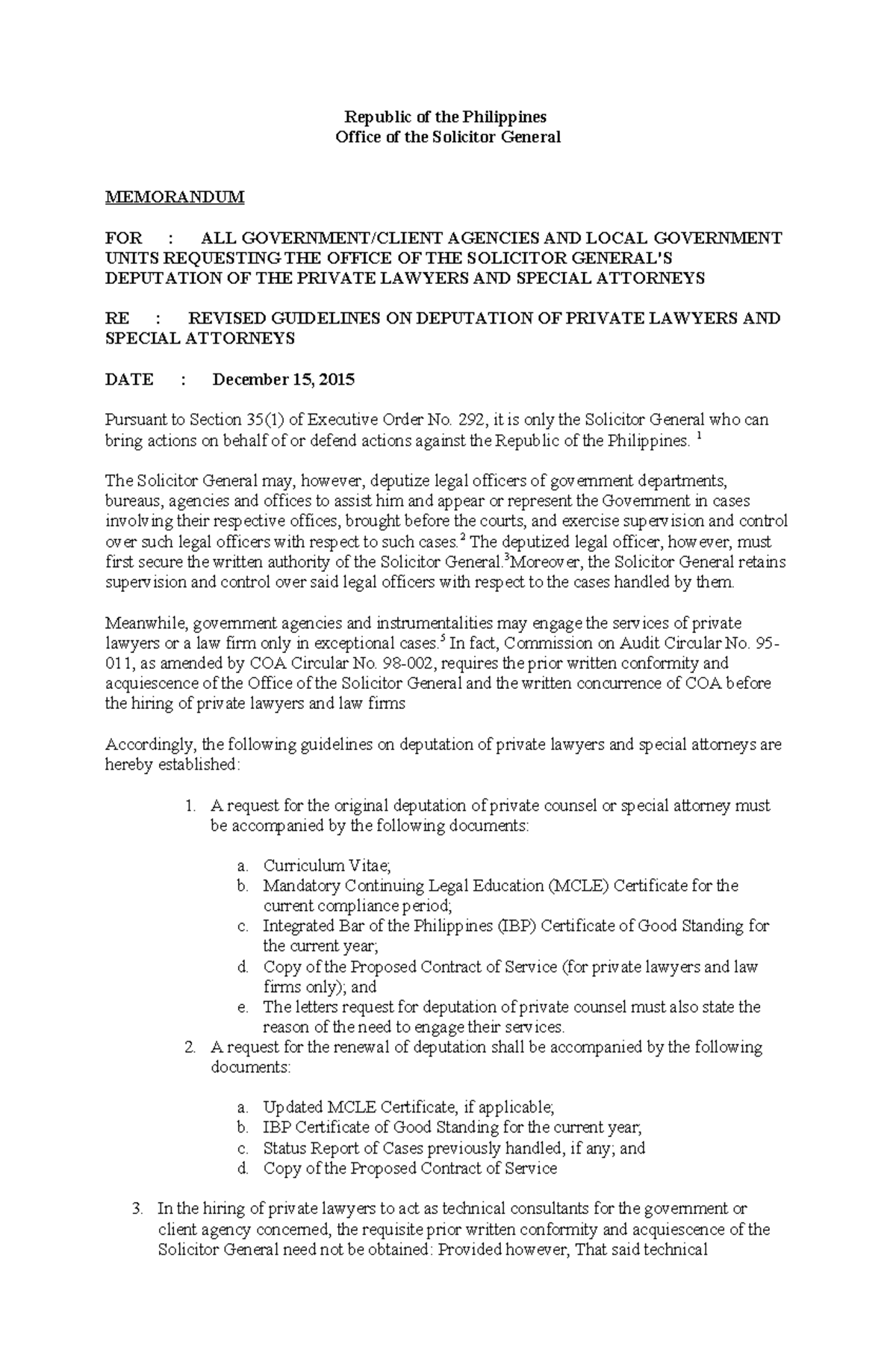 Revised Guidelines on Deputation of Private Lawyers - OSG Memo - Studocu