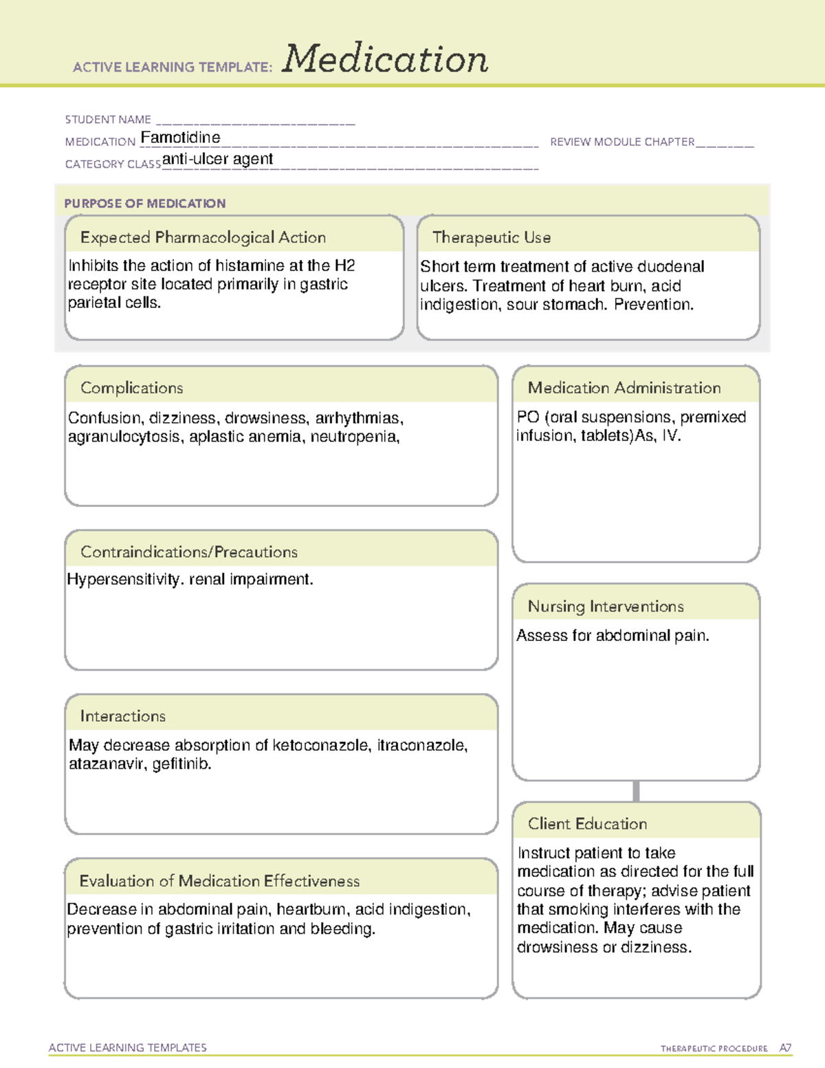 Famotidine Medication Card - Active Learning Template - Studocu