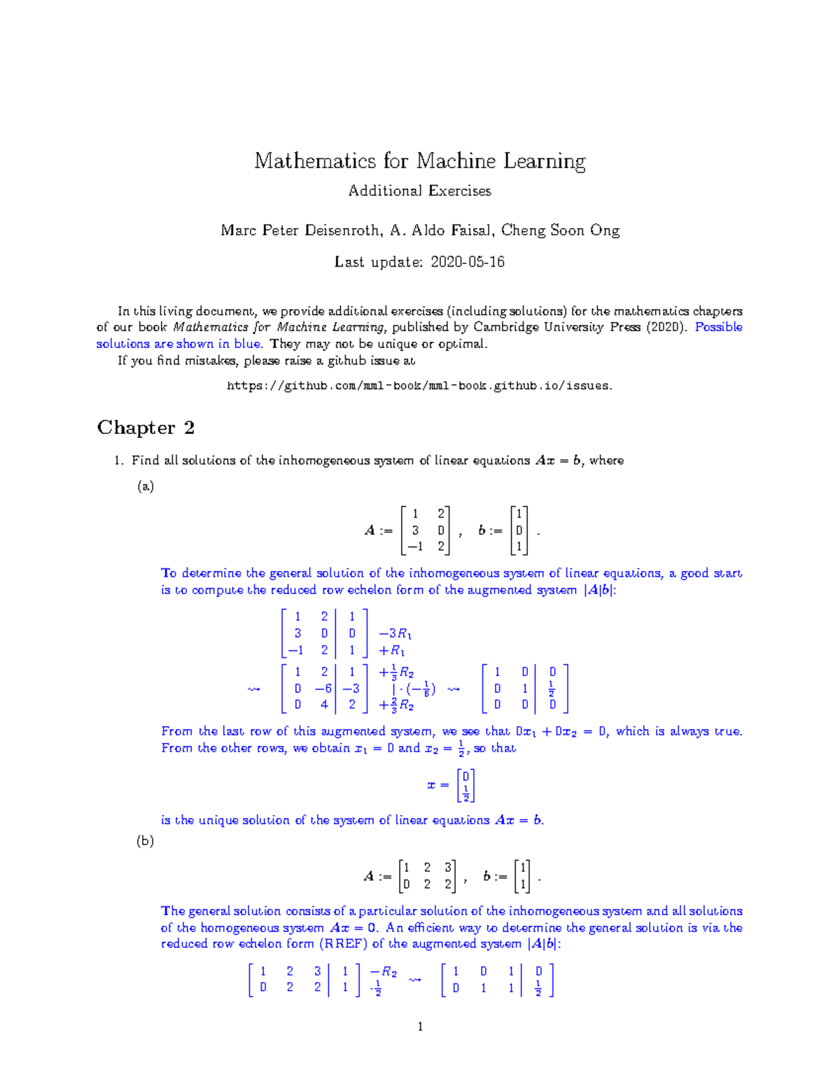 MML 2020 Additional Exercises for Mathematics in Machine Learning - Studocu