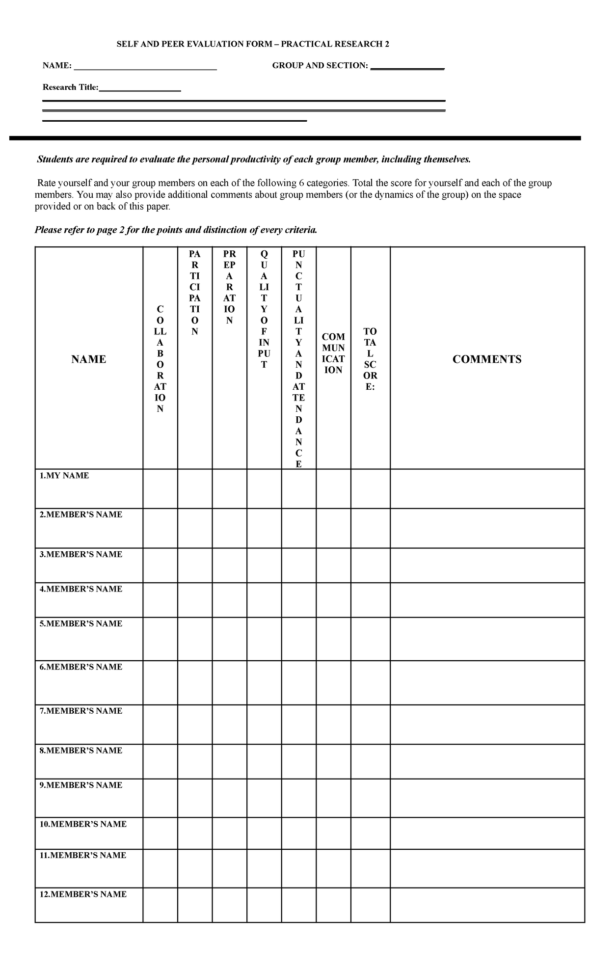 Self and Peer Evaluation Form PR2 - SELF AND PEER EVALUATION FORM ...
