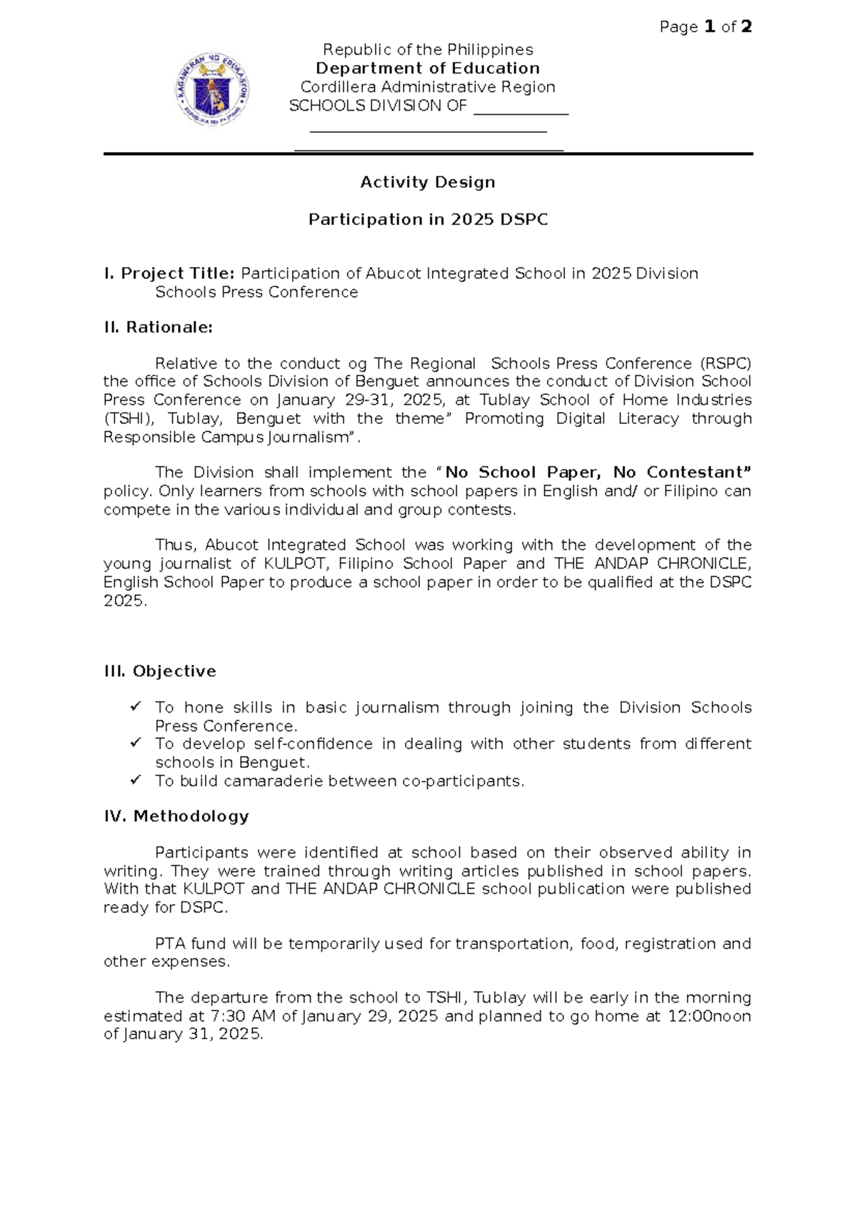 Activity Design - Page 1 of 2 Republic of the Philippines Department of ...