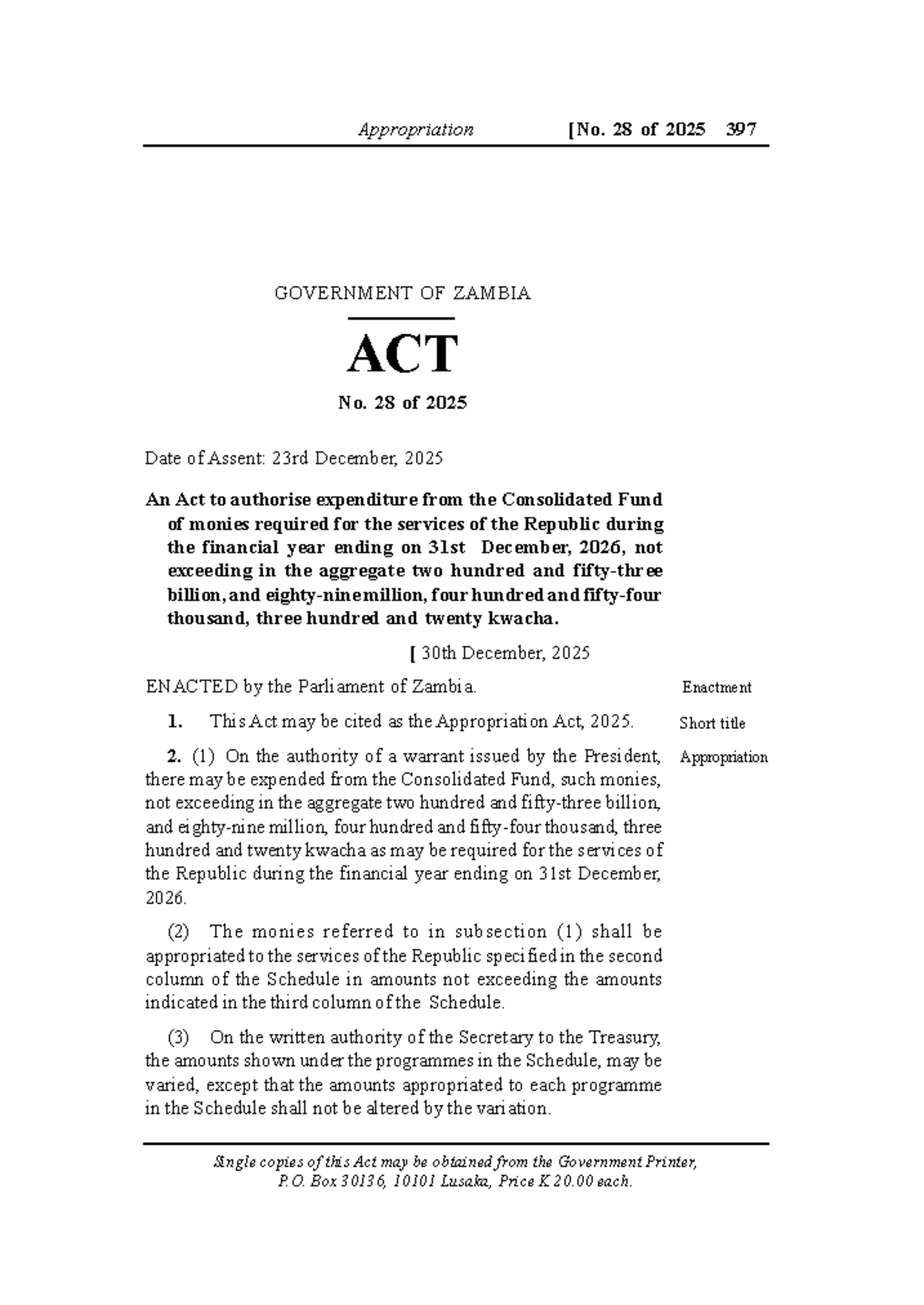 Appropriation Act No. 28 of 2025: Government Expenditure Overview - Studocu