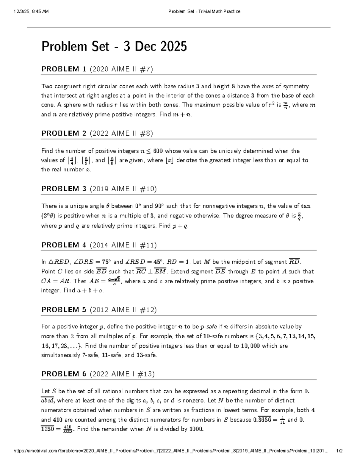 AIME Problem Set 3: Trivial Math Practice Problems - Studocu