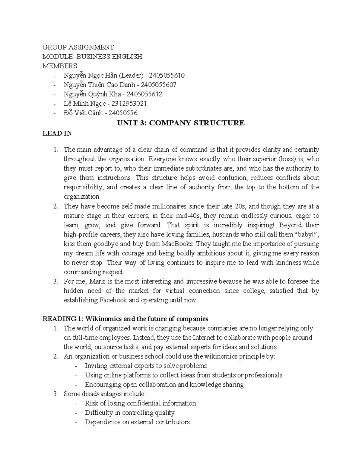 BUSINESS ENGLISH GROUP ASSIGNMENT: COMPANY STRUCTURE ANALYSIS - Studocu