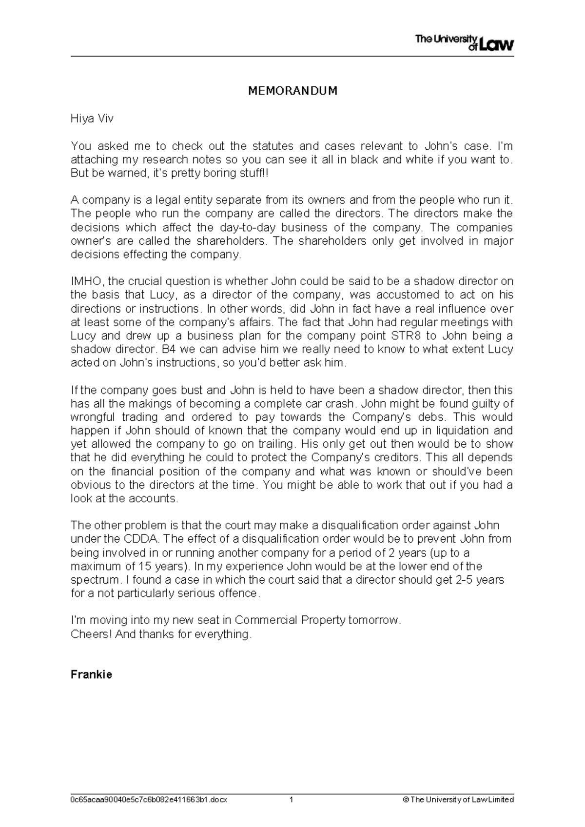 Unit 1: Memorandum on Shadow Directors and Legal Implications - Studocu