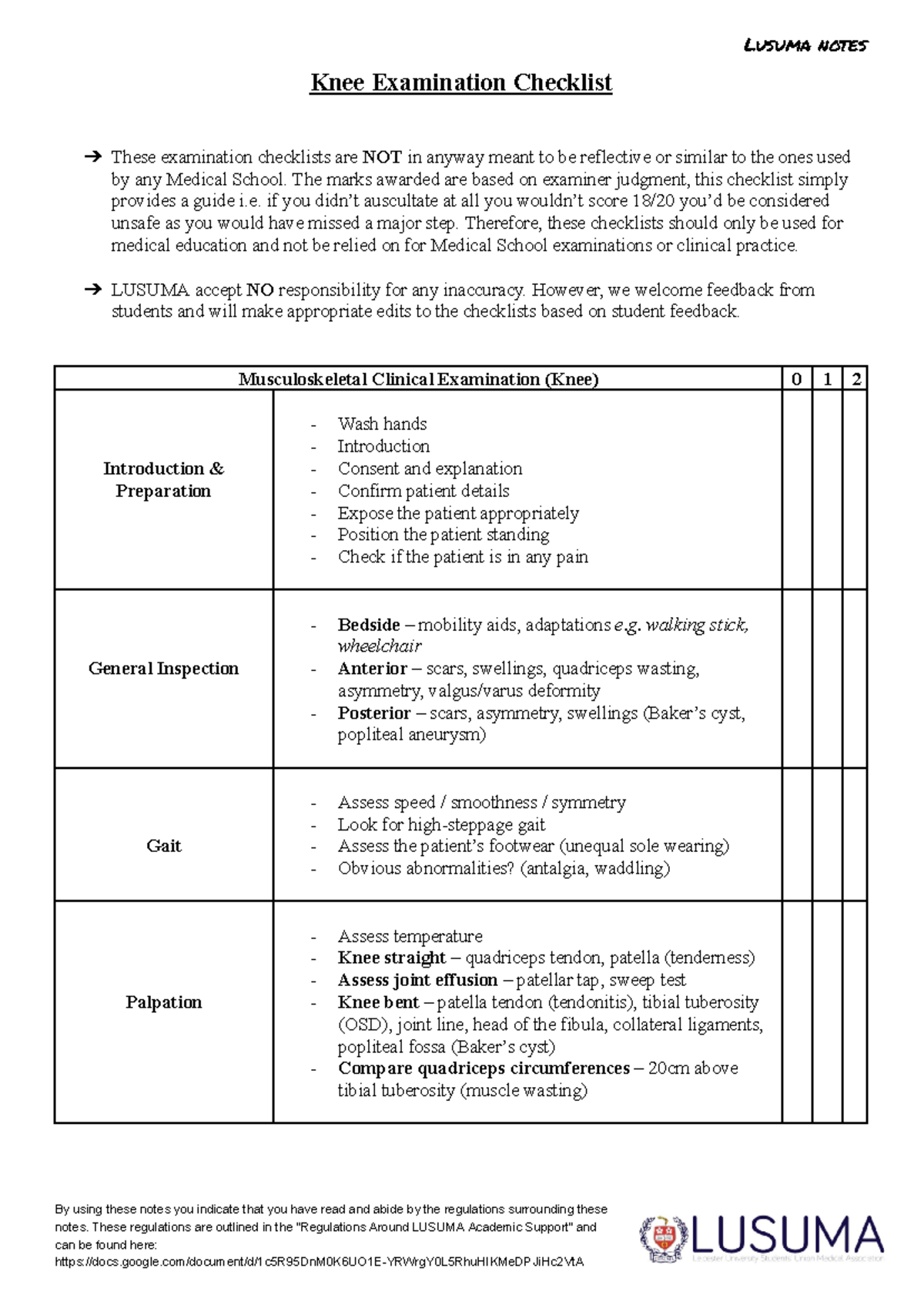 Knee Examination - Lusuma notes Knee Examination Checklist These ...