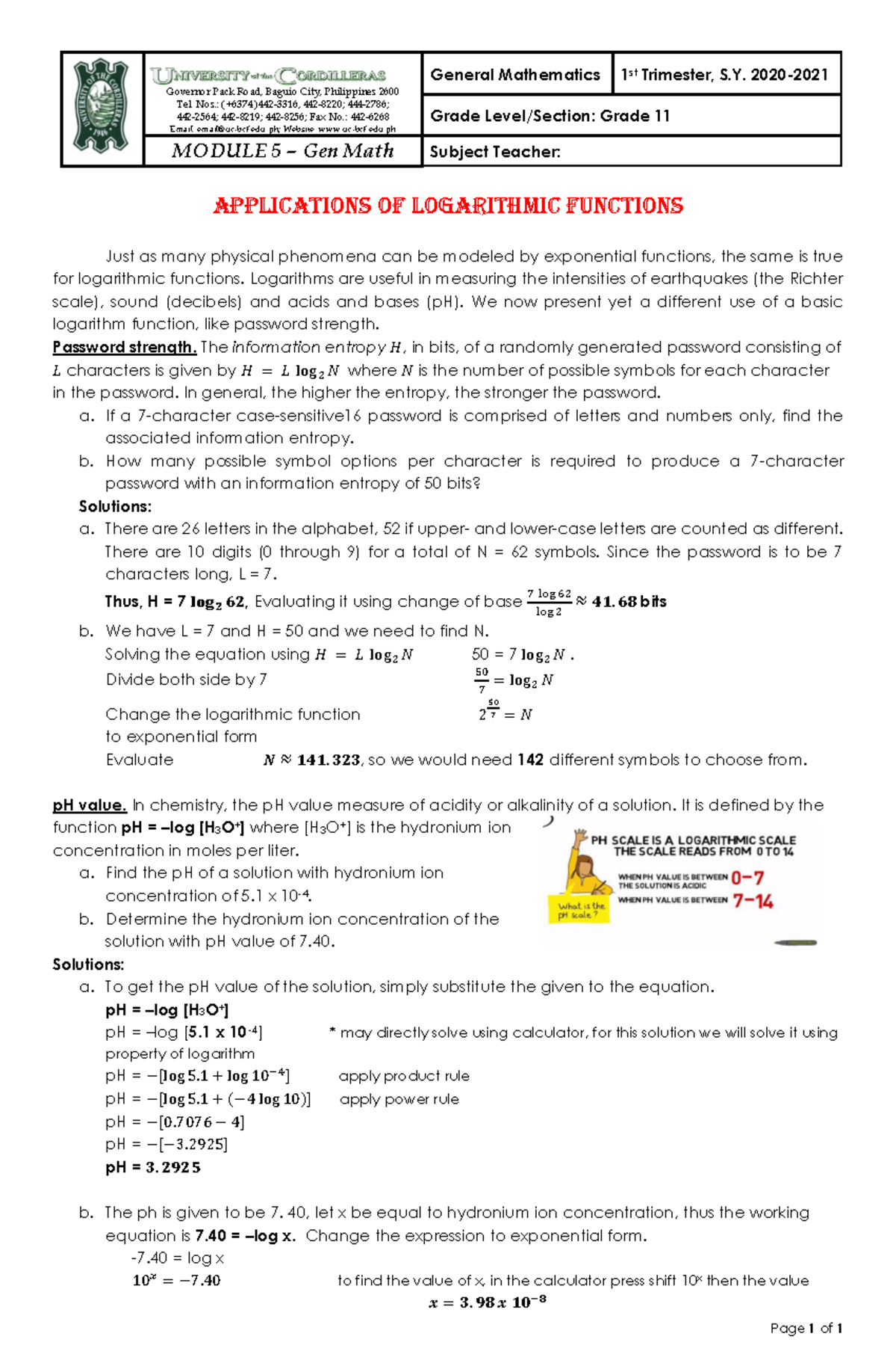 Module 5 d Applications of Logarithmic Functions - Governor Pack Road ...