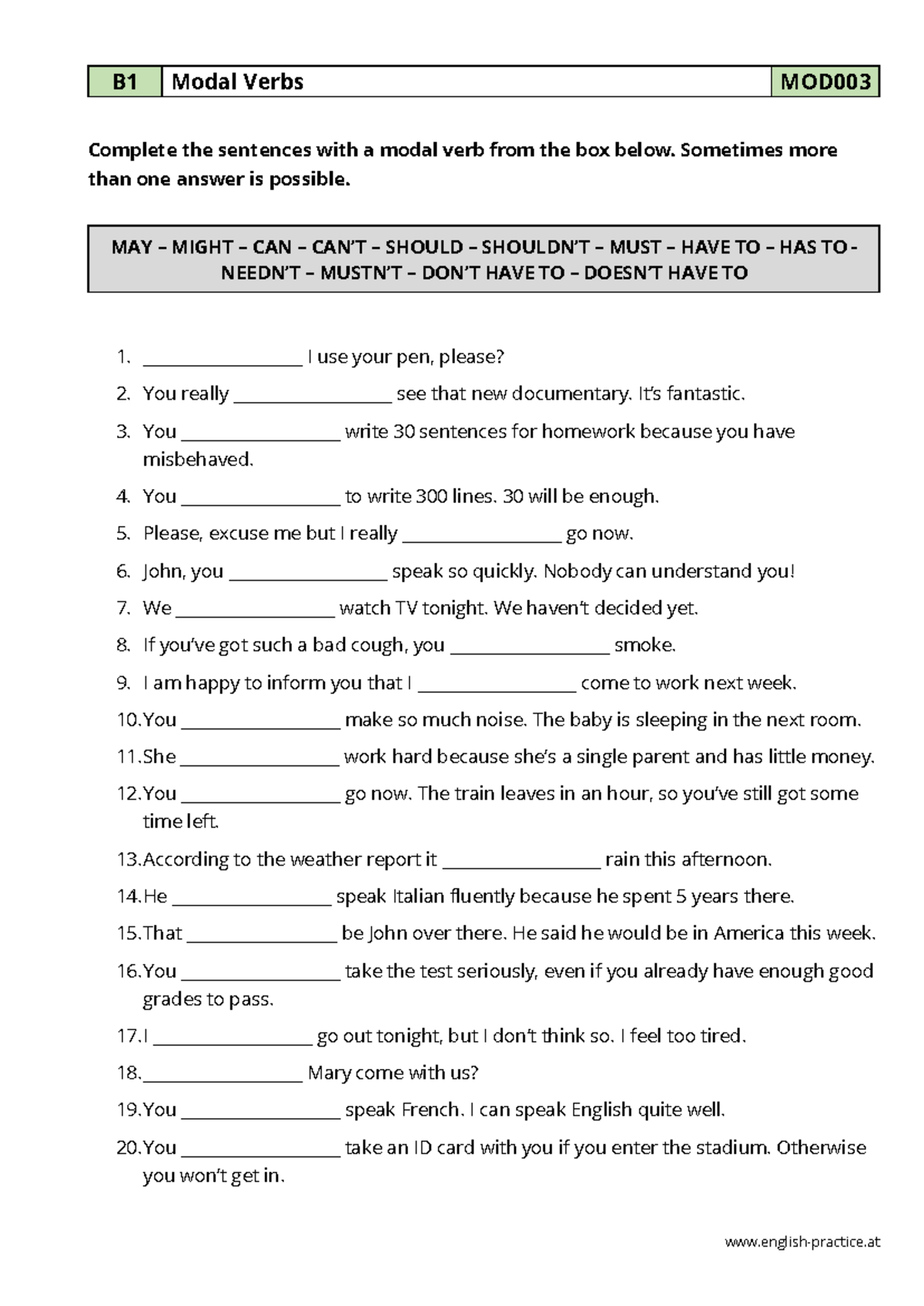 B1 Modal Verbs Exercises: Complete the Sentences with Modals - Studocu