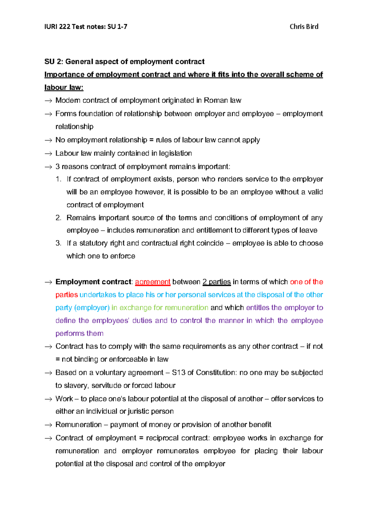 IURI Test Notes: SU 222 Employment Contracts Overview by Chris Bird ...