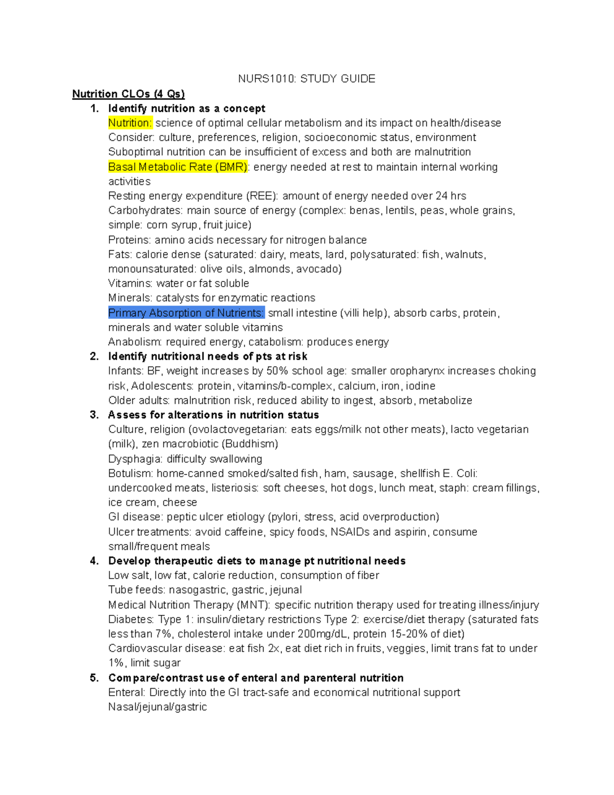 NURS1010: Comprehensive Study Guide on Nutrition and Patient Care - Studocu