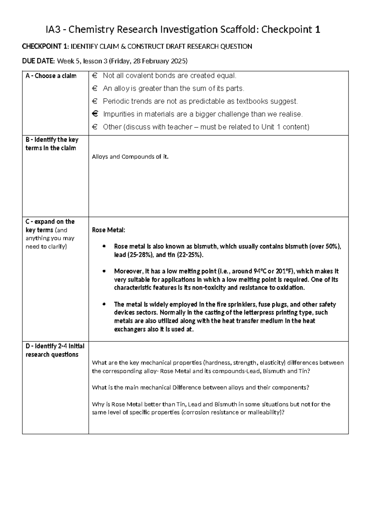 IA3 Chemistry Research Investigation: Checkpoint 1 Scaffold Due 28 Feb ...